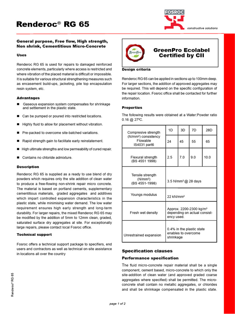 TDS Renderoc RG 65 India v3 | PDF | Concrete | Mechanical Engineering