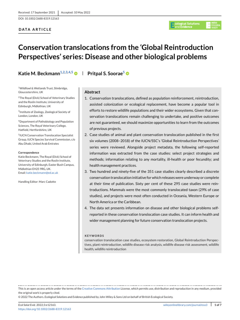 Conservation Translocations: Disease Insights | PDF | Conservation ...