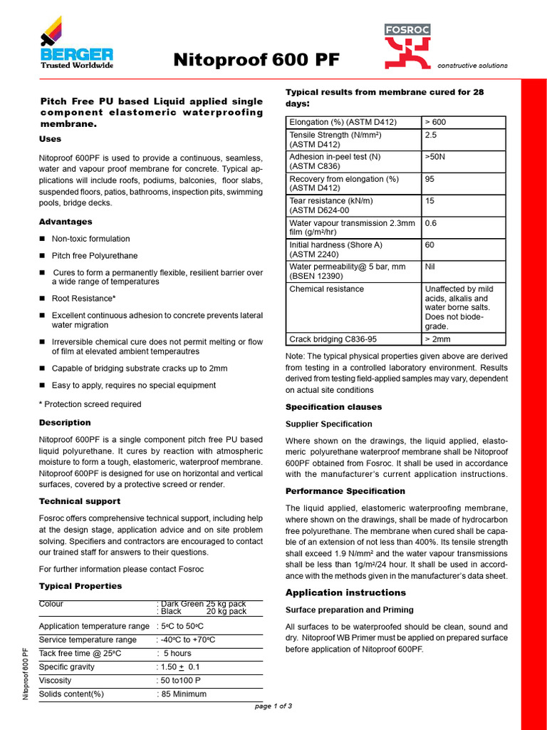 Tds Nitoproof 600pf Bfl6 | PDF | Water | Viscosity