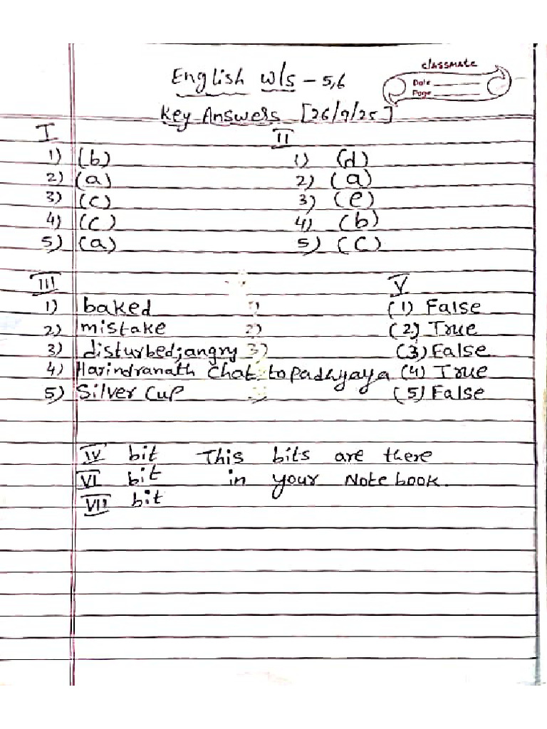 English Worksheet - 5 Answer Key. | PDF