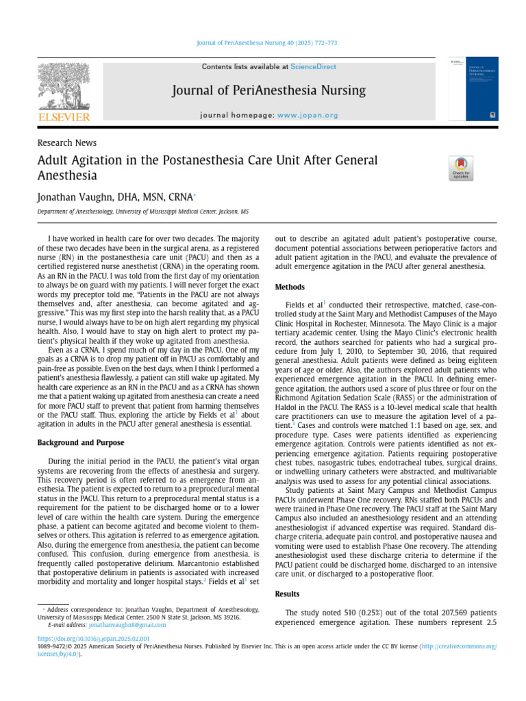 Adult Agitation in The Postanesthesia Care Unit Af | PDF | Anesthesia ...