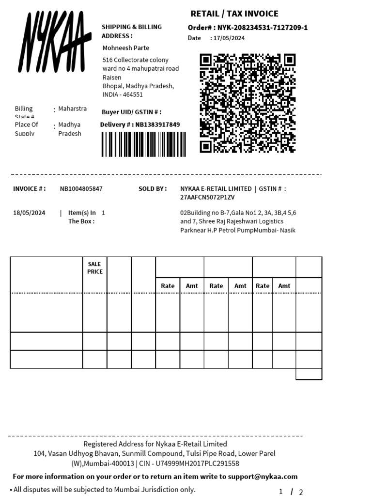 Nykaa E-Retail Limited Invoice Details | PDF | Invoice | Taxes