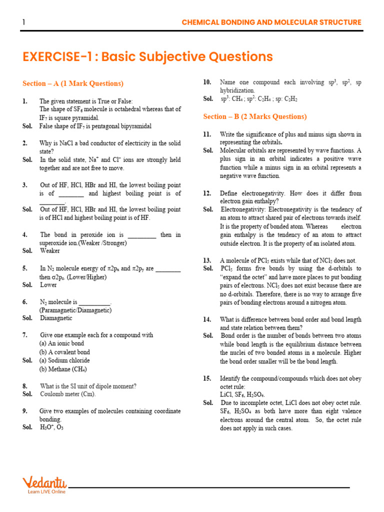 Chemical Bonding and Molecular Structure Exercises | PDF | Chemical ...