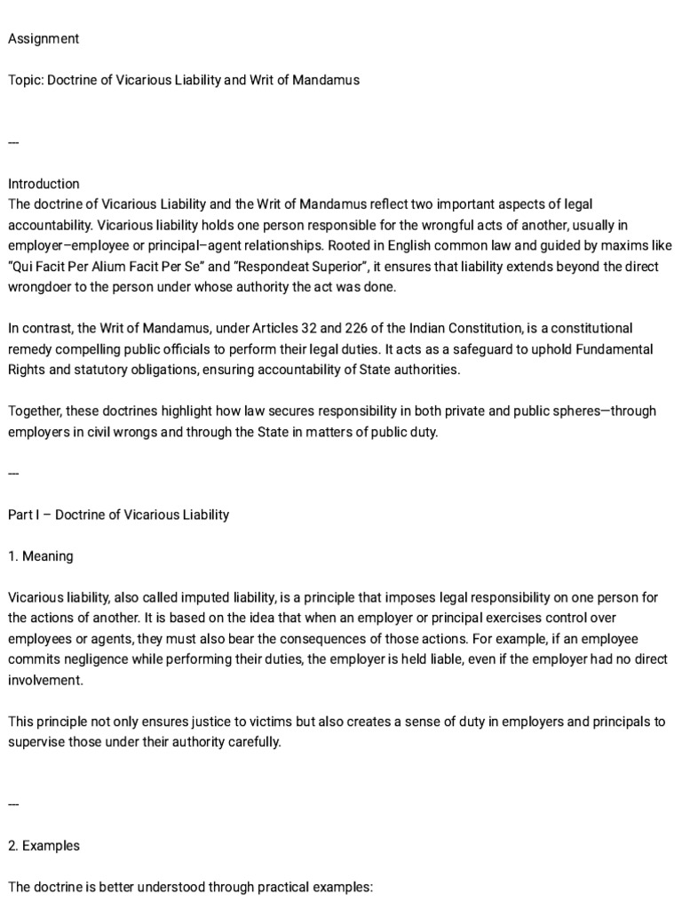 Vicarious Liability & Mandamus Explained | PDF | Legal Liability ...