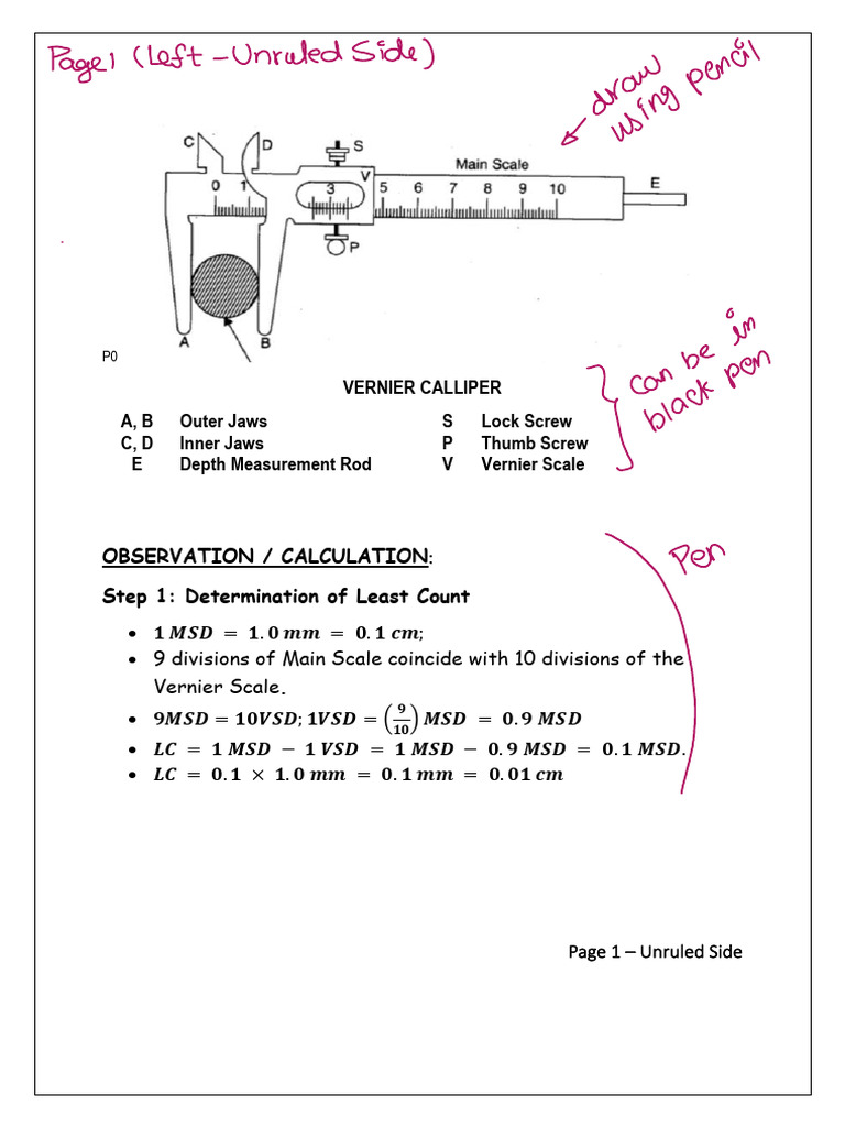 Vernier Calliper A, B Outer Jaws S Lock Screw C, D Inner Jaws P Thumb ...