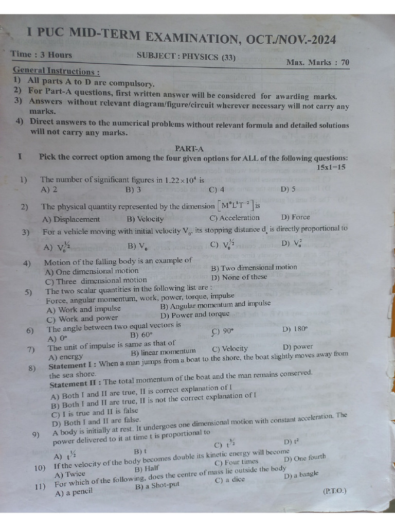 1 PUC Previous Year Question Papers | PDF