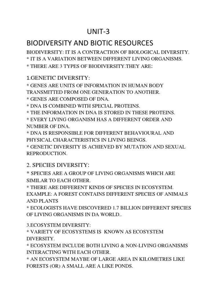 UNIT-3 Biodiversity and Biotic Resources:: 1 Genetic Diversity | PDF ...