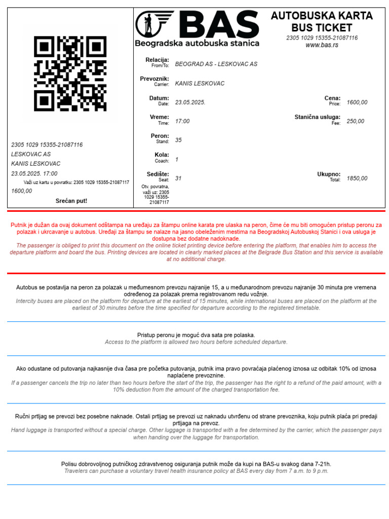 Beograd-Leskovac Bus Ticket Details | PDF | Bus | Land Transport