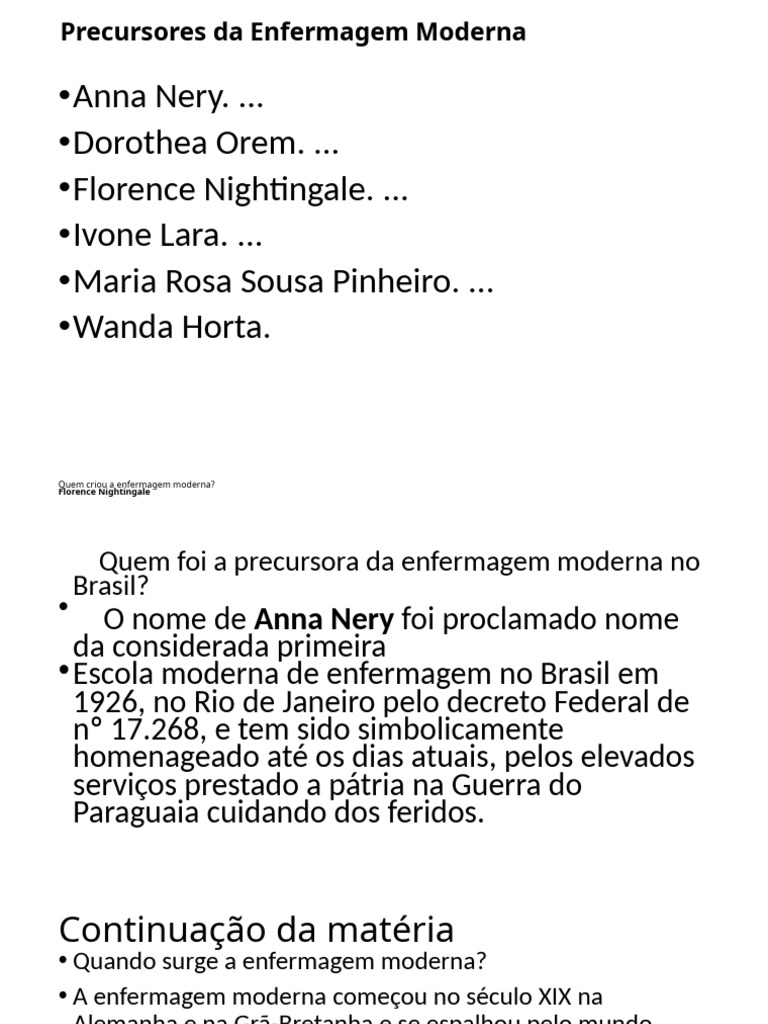 Precursores da Enfermagem Moderna | PDF | Enfermagem | Florence Nightingale