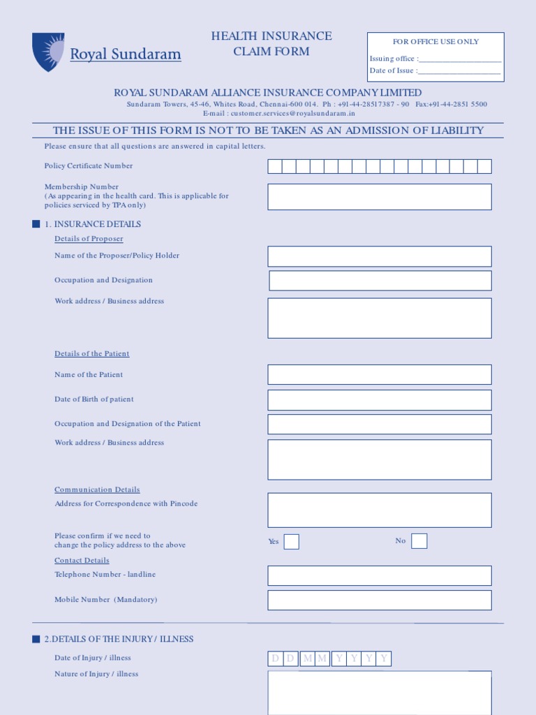 Royal Sundaram Health Insurance Claim Form | PDF | Patient | Hospital