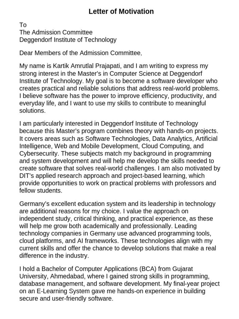 Motivation Letter for Master's in CS | PDF | Artificial Intelligence ...
