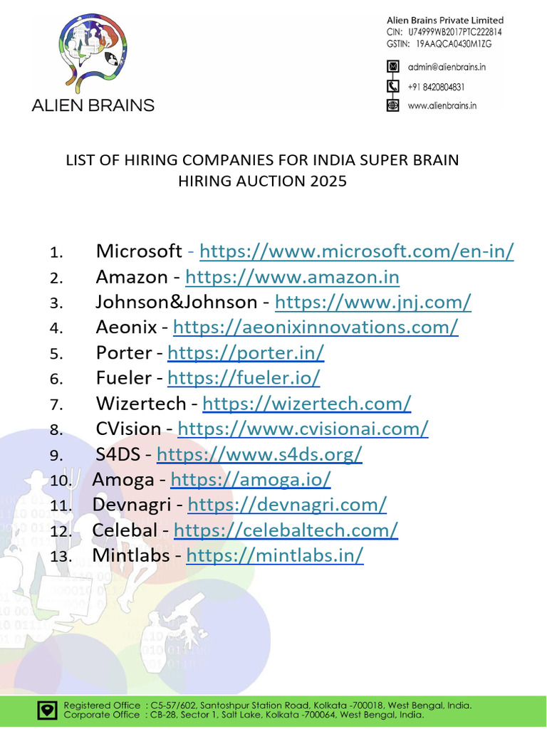 Hiring Companies for India Super Brain 2025 | PDF