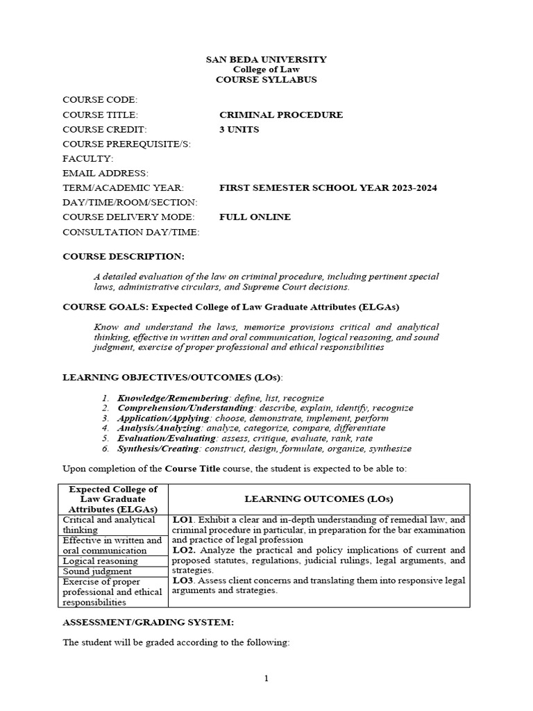 Criminal Procedure Course Syllabus 2023 | PDF | Plea | Bail