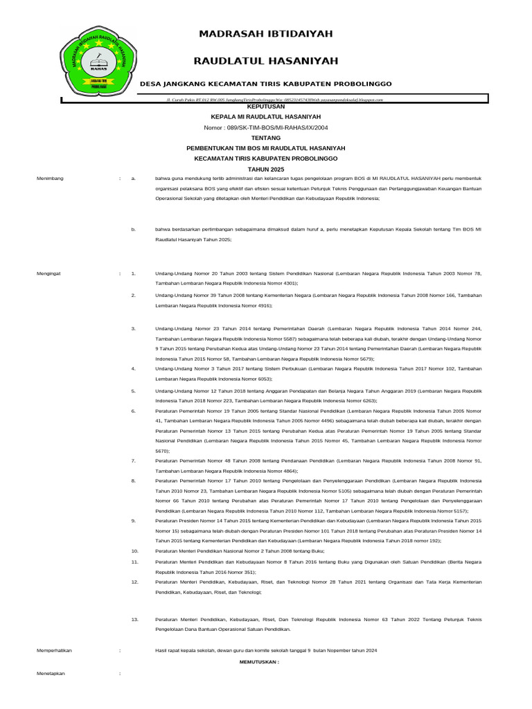 Pembentukan Tim BOS MI Raudlatul Hasaniyah | PDF