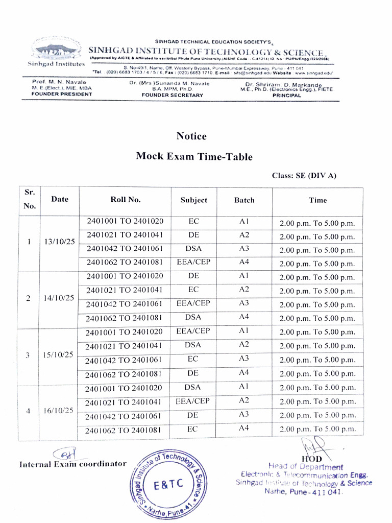 Mock Exam Time - Table Class SE TE BE | PDF