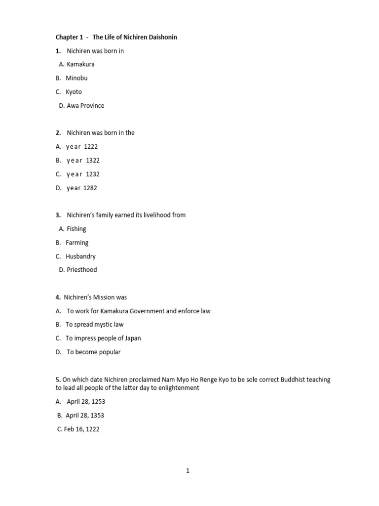 BSG Exam Ques With Ans Key Chapter (1-9) Sample | PDF | Nichiren | Lotus Sutra