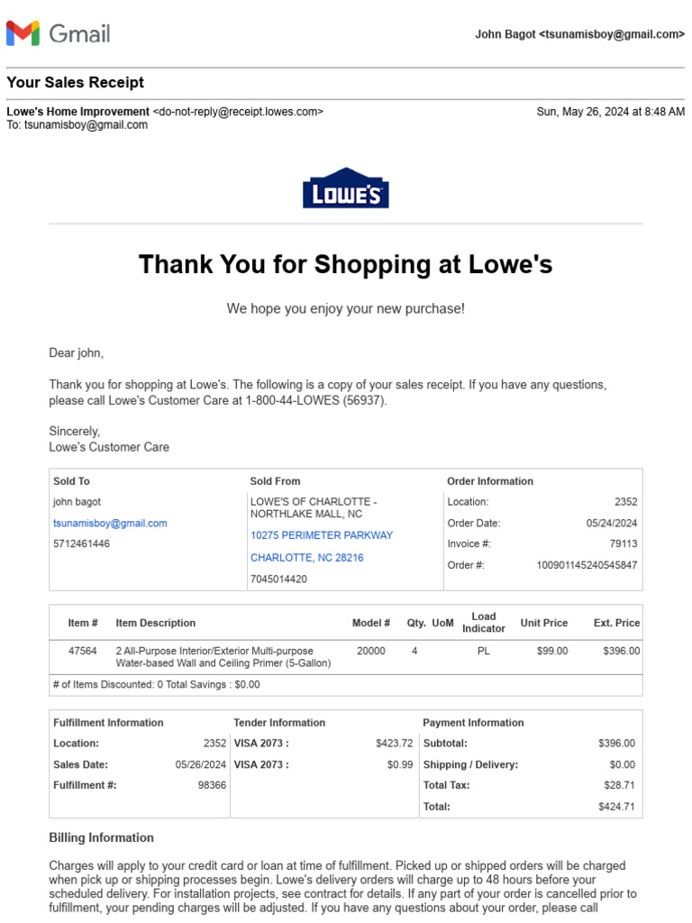 Lowe's Sales Receipt for John Bagot | PDF | Receipt | Payments