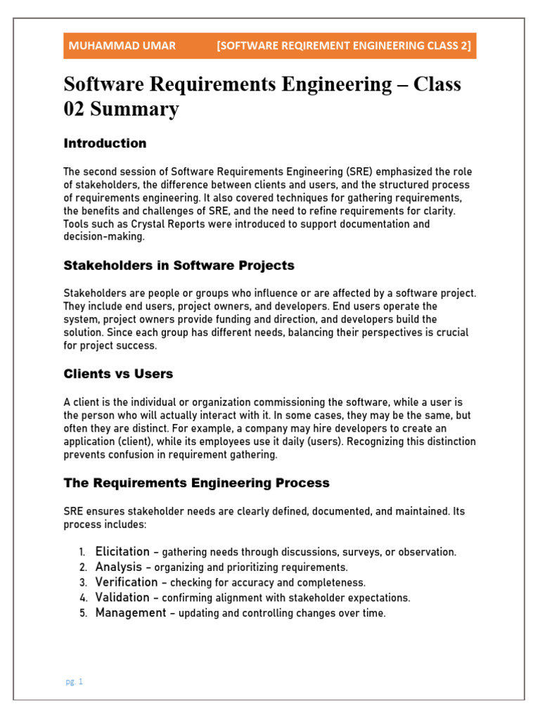 Software Requirements Engineering Class 2 Umar | PDF | Business