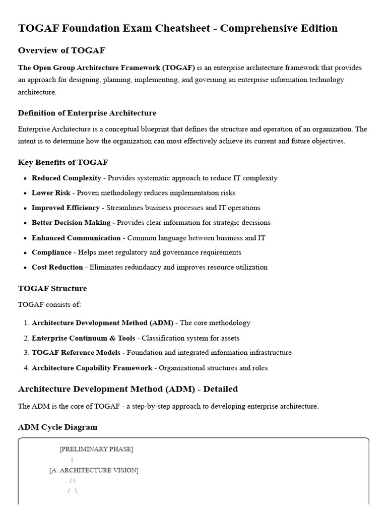 TOGAF Foundation Exam Cheatsheet | PDF | Enterprise Architecture | Risk