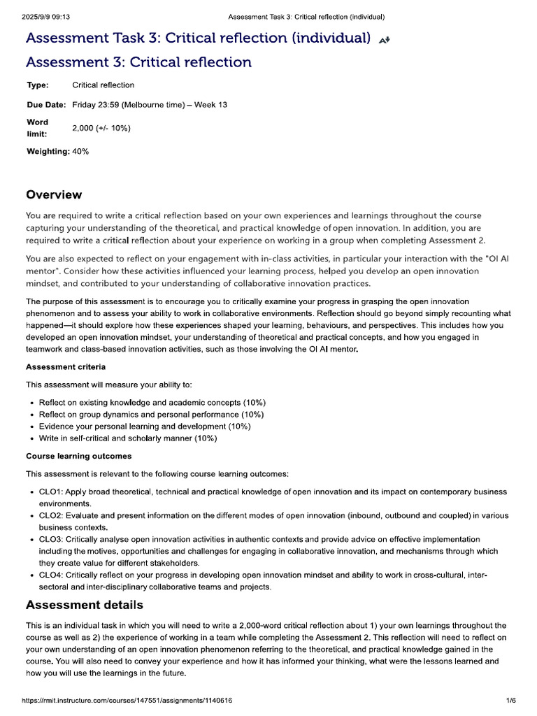 Assessment Task 3 Critical Reflection (Individual) | PDF