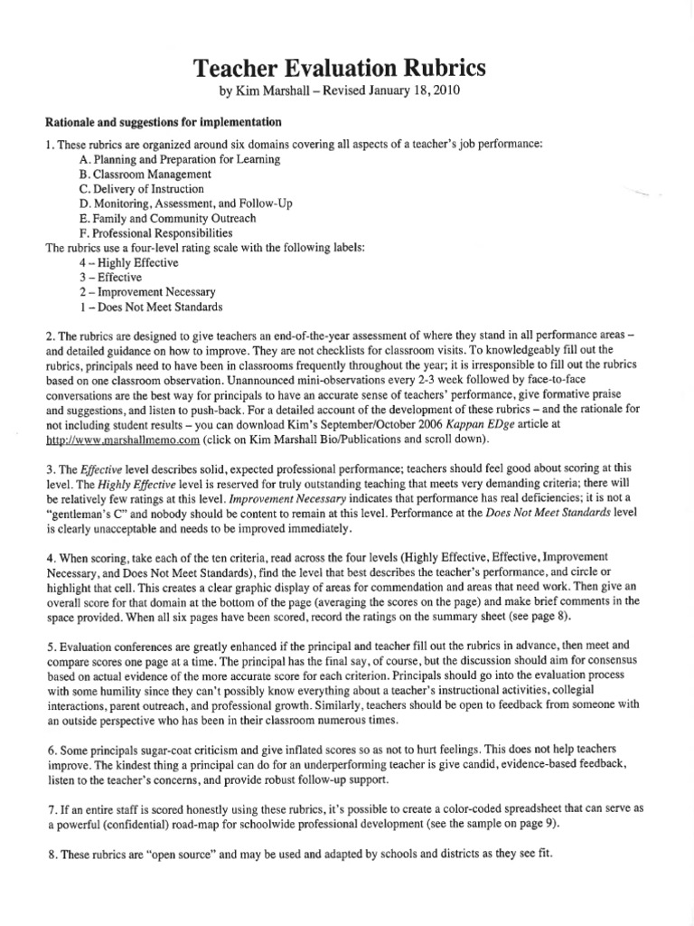 Teacher Evaluation Rubrics | PDF