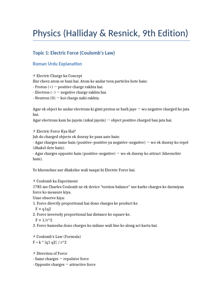Physics Halliday Resnick Topic1 Electric Force | PDF | Force | Electric Charge