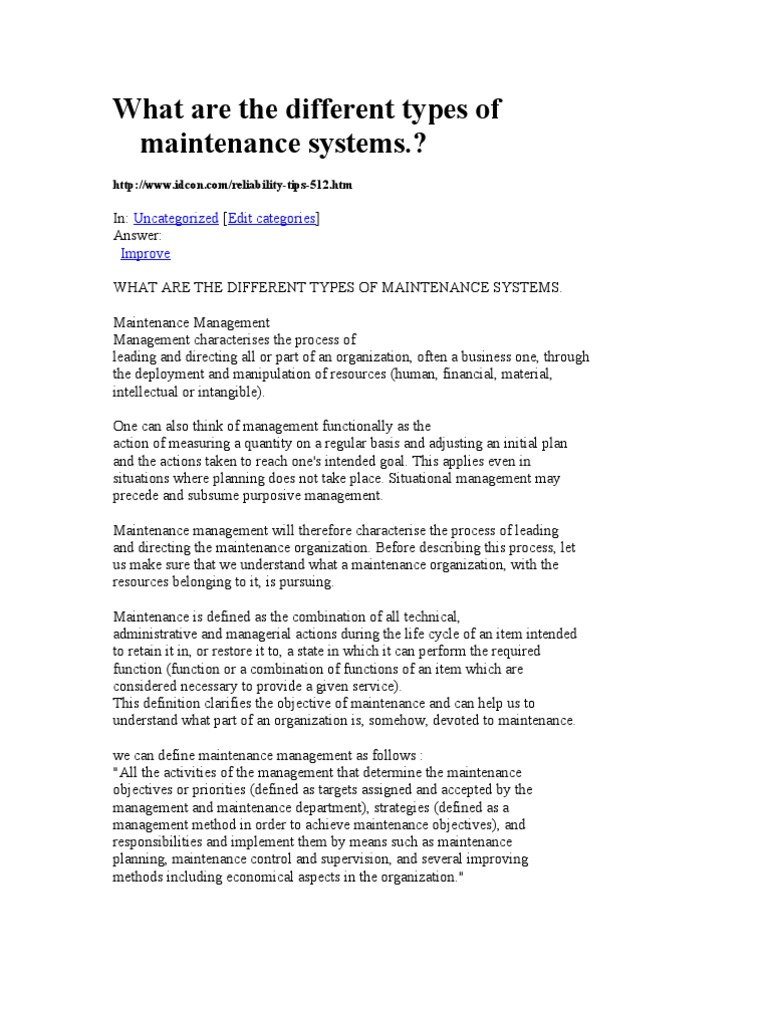 Types of Maintenance Systems Explained | PDF | Reliability Engineering ...