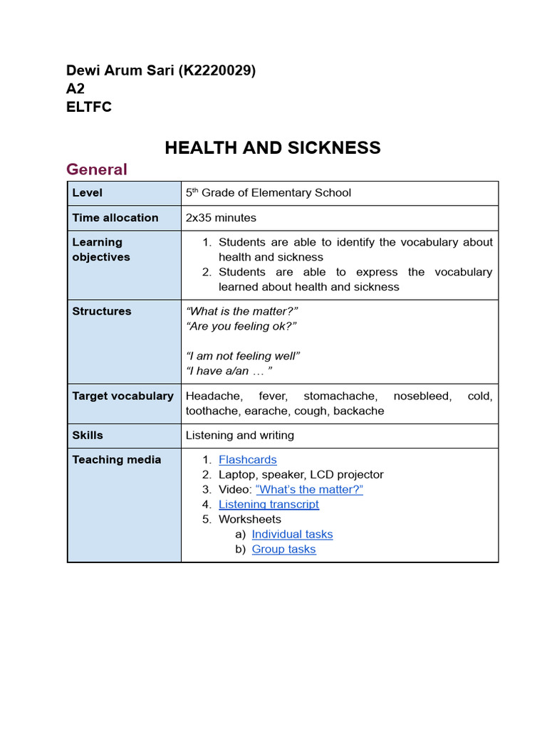 Health and Sickness Lesson Plan | PDF | Teachers | Homework