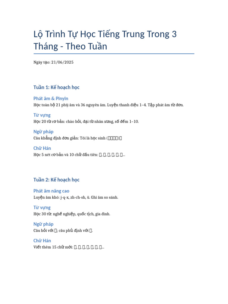 LoTrinh TuHoc TiengTrung TheoTuan | PDF