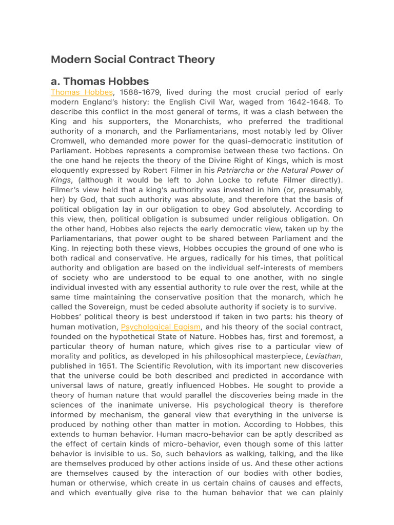 Hobbes' Modern Social Contract Theory | PDF | Social Contract | John Locke