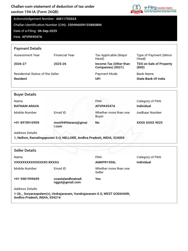 Form 26QB: TDS on Property Sale | PDF | Taxes | Payments