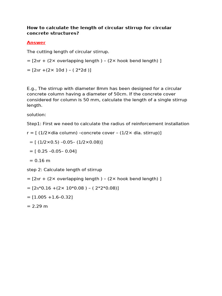 Circular Stirrup Cutting Length Formula | PDF