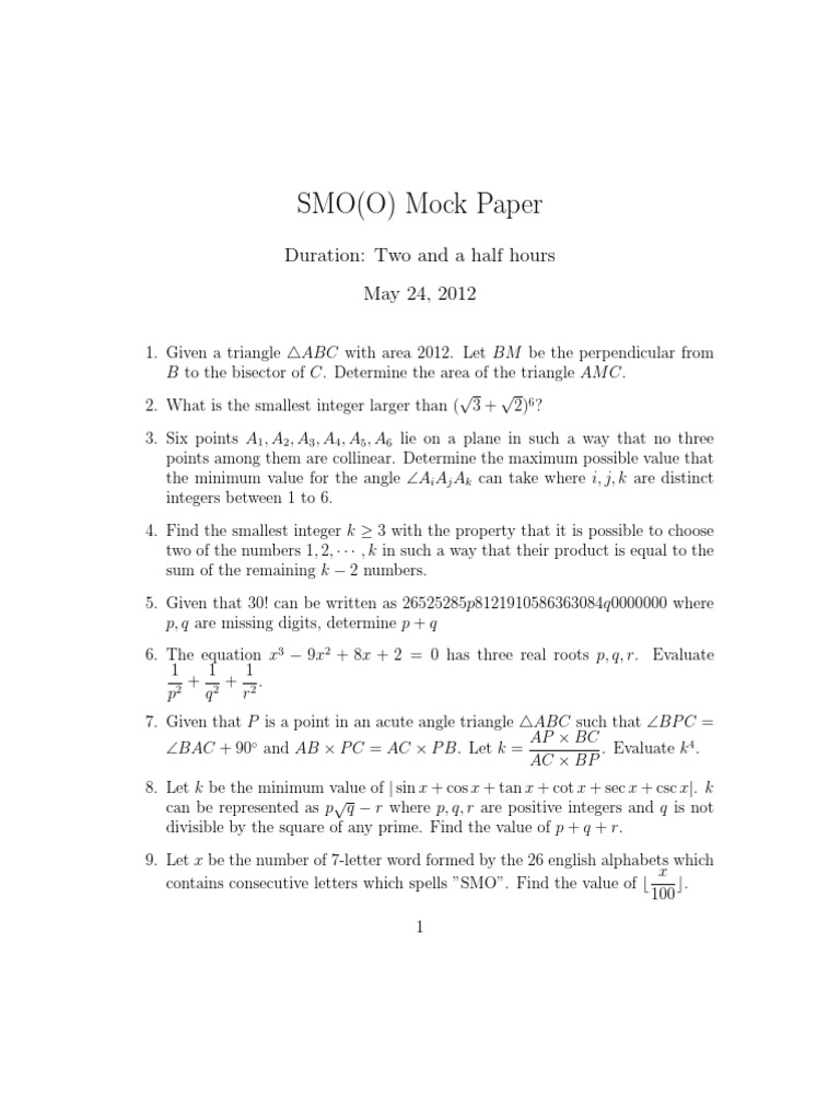 SMO (O) Mock Paper | PDF | Sine | Triangle