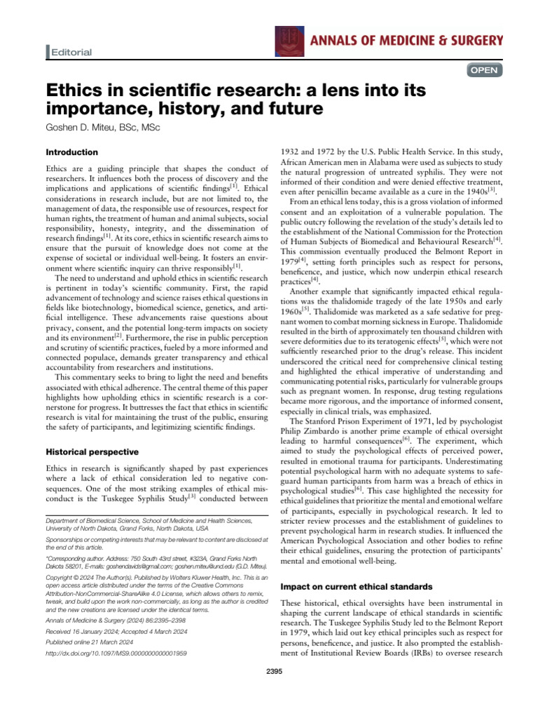 Ethics in Scientific Research A Lens Into Its Importance, History, and ...