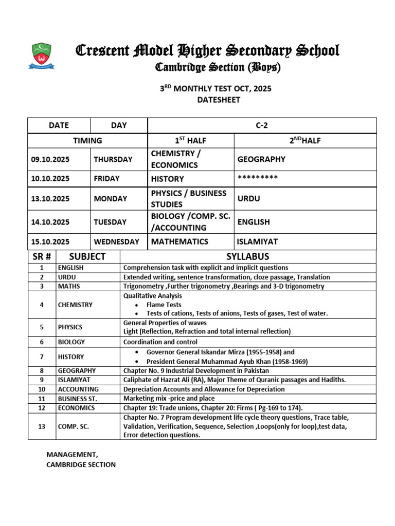 C-2, Datesheet 3RD Monthly Test Oct, 2025 | PDF