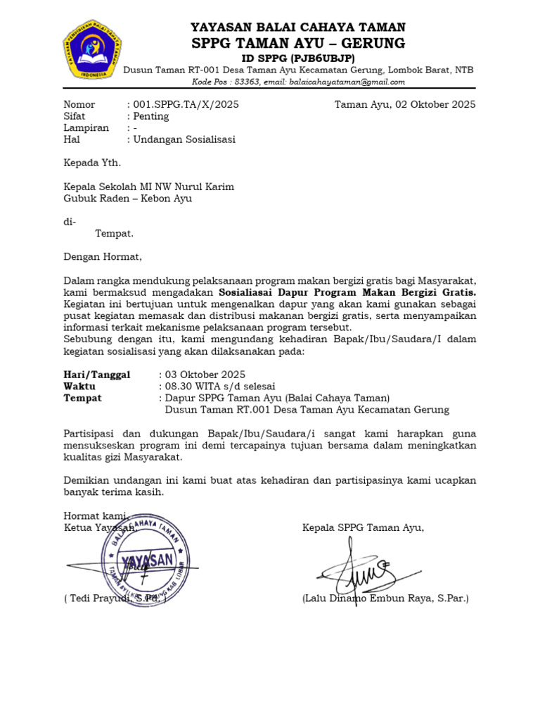 Mi_nw_nurul_karim_surat Undangan Sosialisasi Sppg Taman Ayu Gerung | PDF