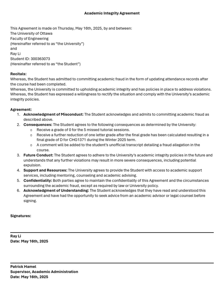 University of Ottawa Academic Integrity Agreement | PDF
