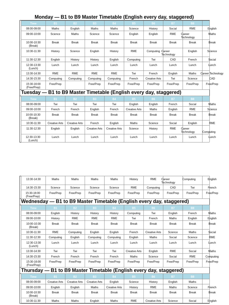 Master Timetable For b1 To b9 | PDF