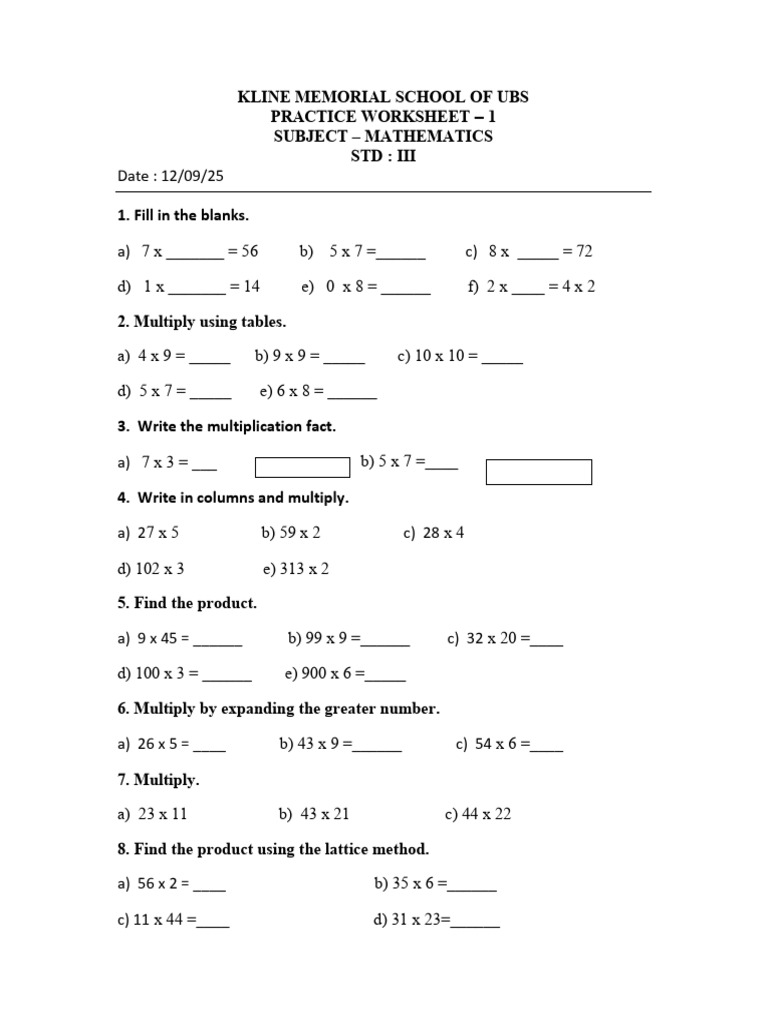 Grade 3 Math Multiplication Worksheet | PDF