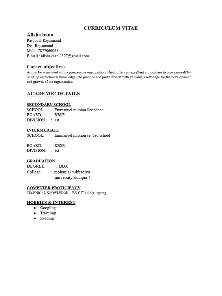 Curriculum Vitae Alisha Bano: Secondary School | PDF