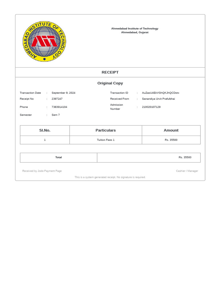 Ahmedabad Institute Tuition Receipt | PDF