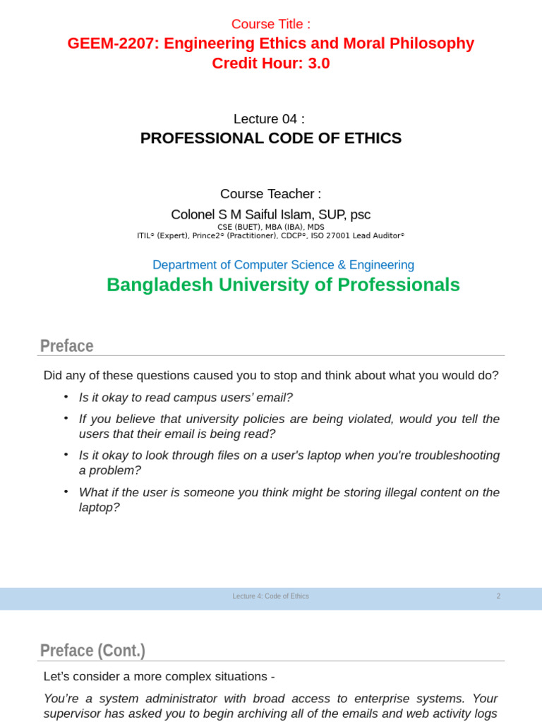 Ethics & Philosophy (Lec 04 - Code of Ethics) | PDF | Professional ...