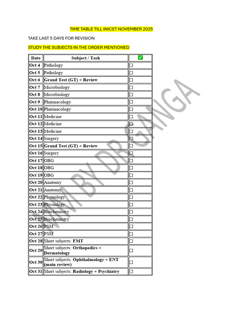 INICET November 2025 Study Schedule | PDF