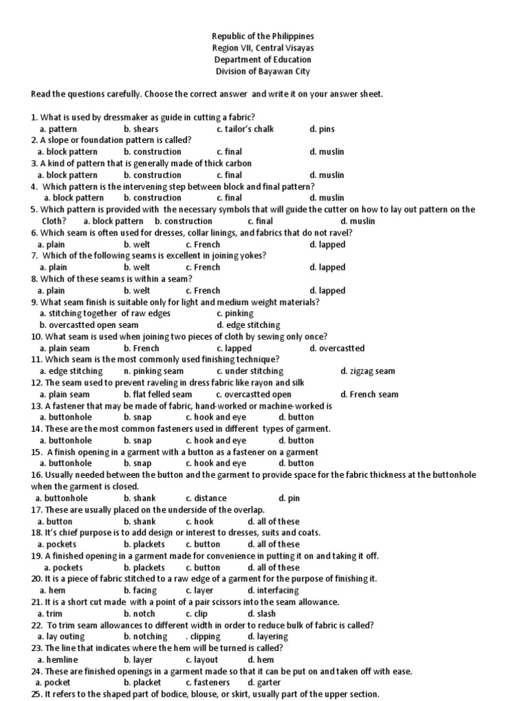 Sewing Basics Quiz | PDF | Seam (Sewing) | Clothing Industry