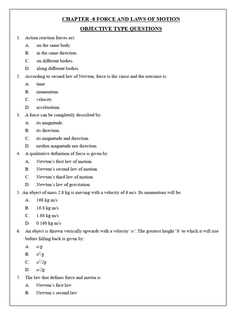 Objective Questions on Force and Motion | PDF | Force | Newton's Laws ...