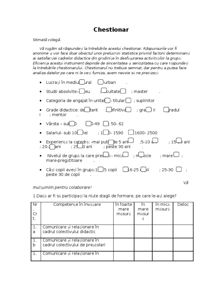 Chestionar Educatoare | PDF