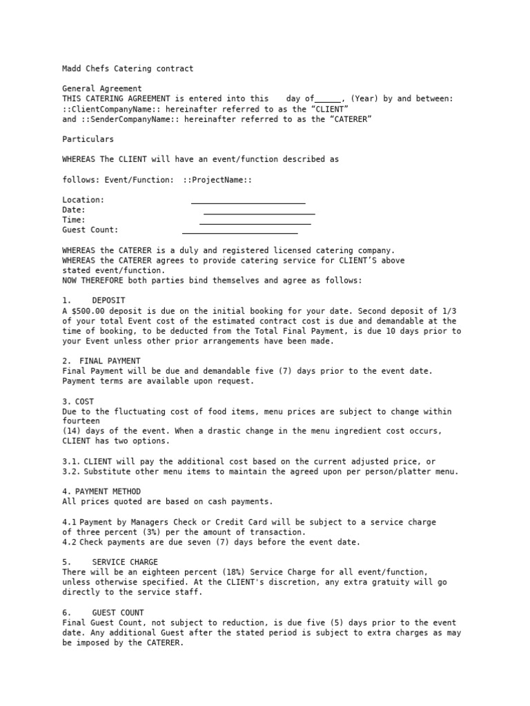 Madd Chefs Catering Contract Agreement | PDF | Legal Liability | Payments