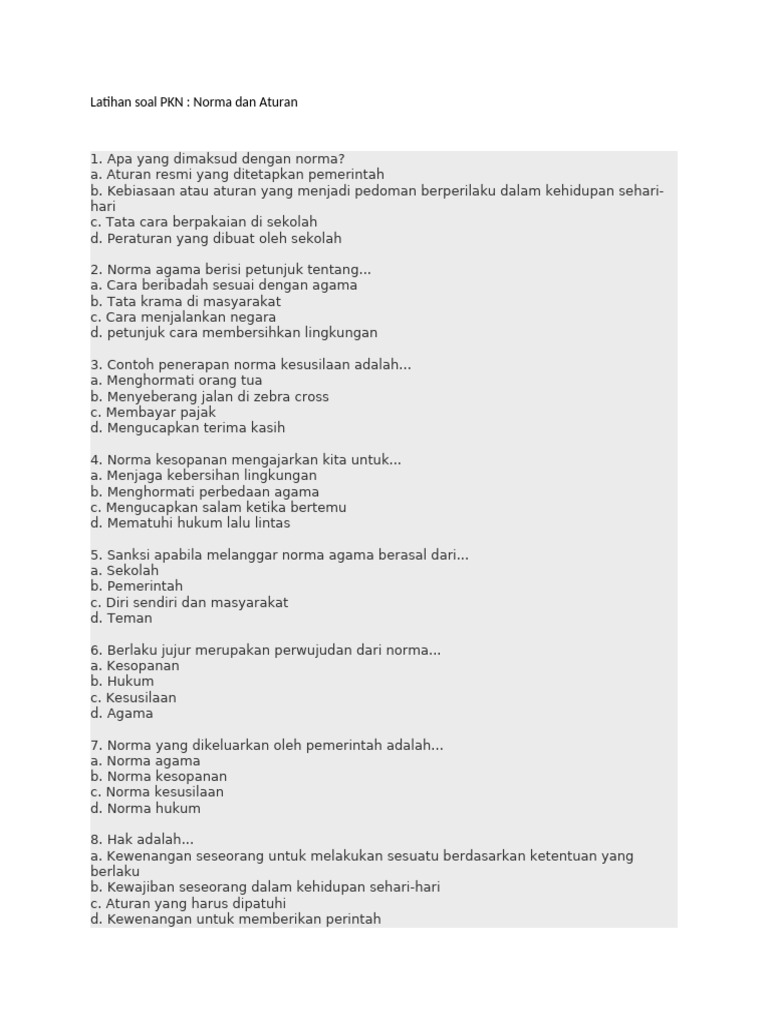Latihan Soal PKN: Norma dan Aturan | PDF