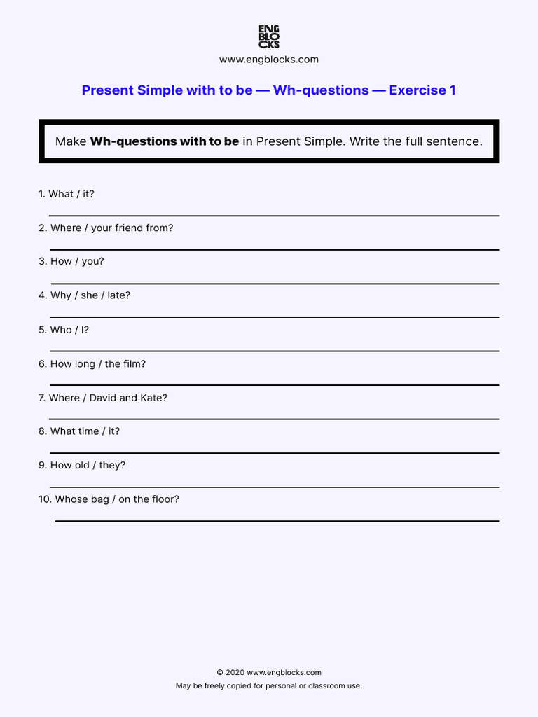 Present Simple With To Be WH Questions Exercise 1 | PDF