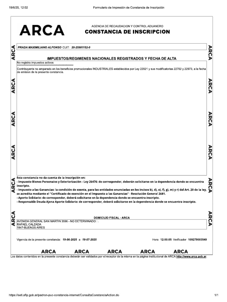 Constancia de Inscripcion (Arca) | PDF
